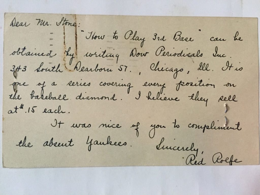 Red Rolfe Signed Letter Postcard Yankees How To Play 3Rd Base Auto Book ...