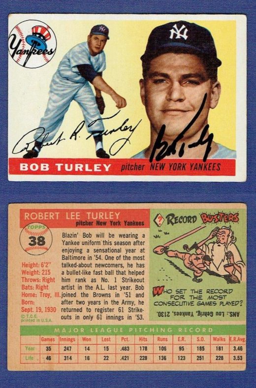 Bob Turley 1955 Topps Signed Card #38 Auto New York Yankees - Cardboard ...