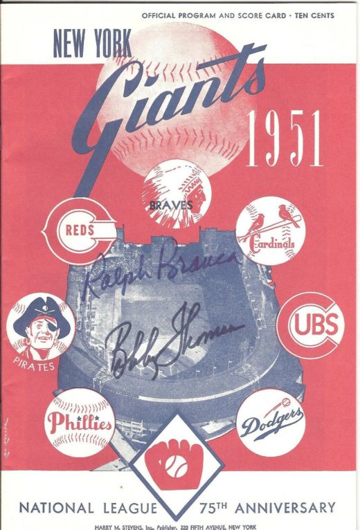 1951 NY Giants Program Reprint Hand Signed Ralph Branca and Bobby ...
